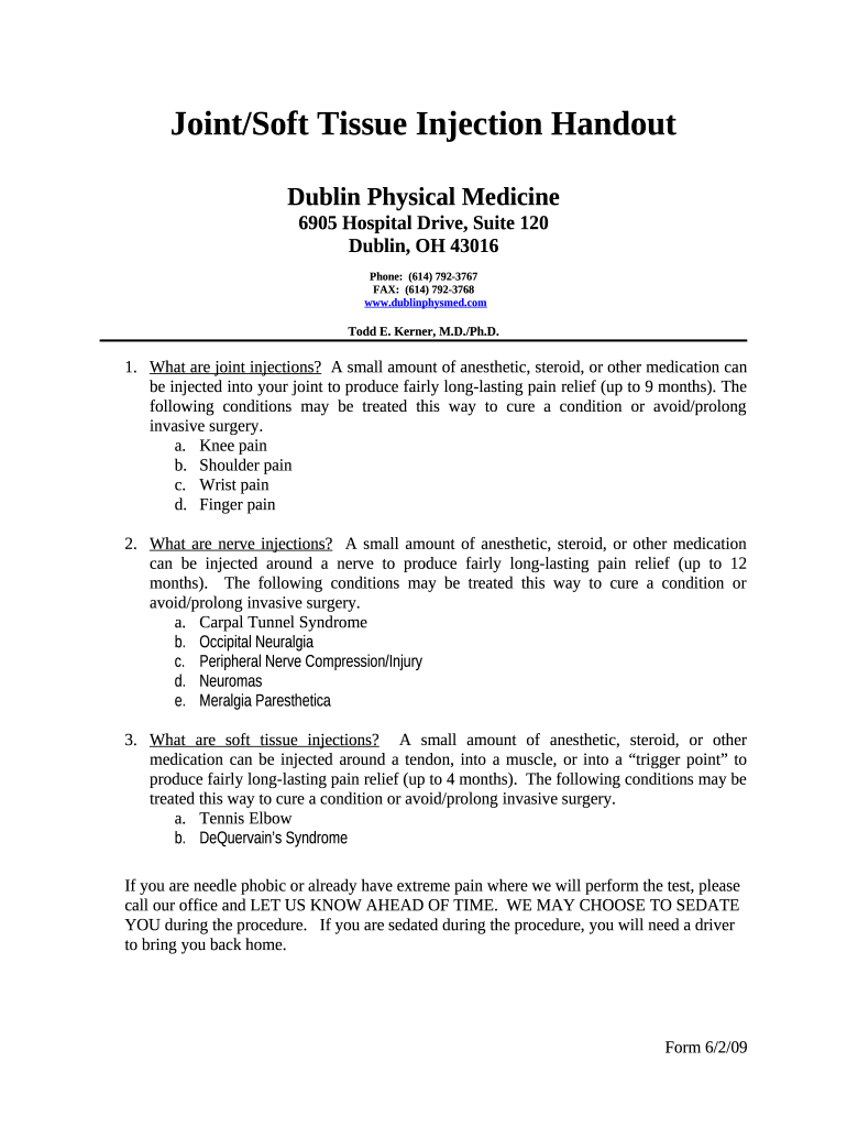 Joint/Soft Tissue Injection Handout Doc Template | pdfFiller