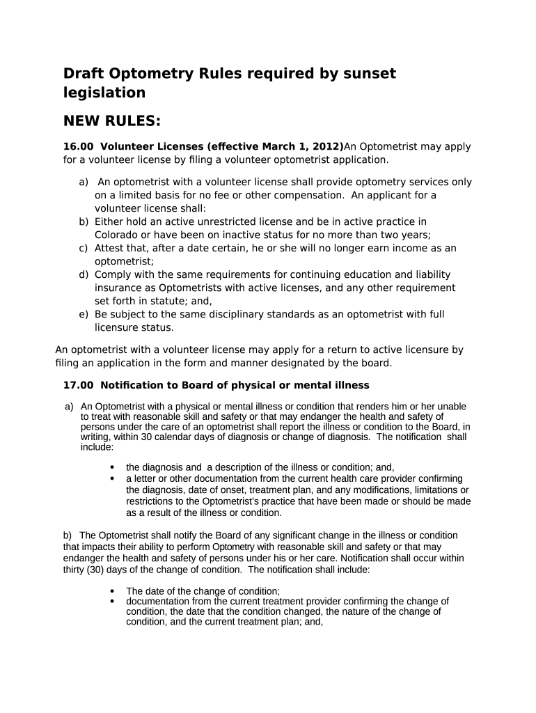 Draft Optometry Rules required by sunset legislation Doc Template ...