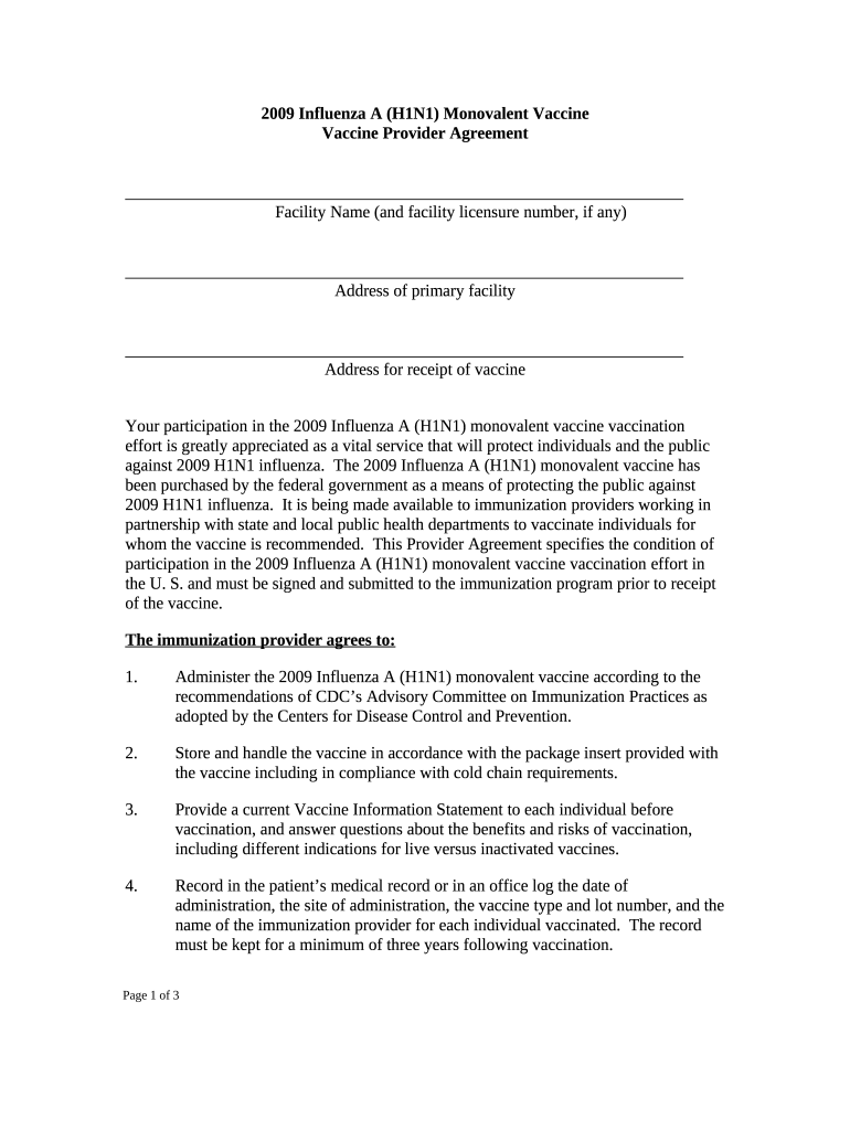 2009 Influenza A (H1N1) Vaccine Provider Agreement Doc Template | pdfFiller