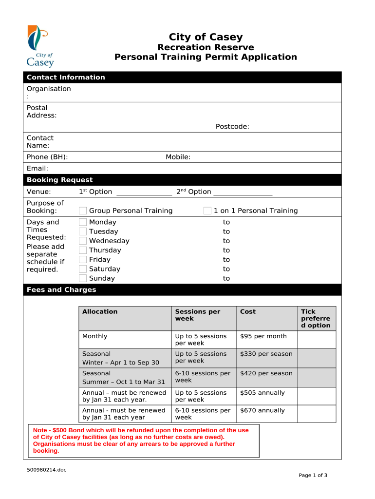 Personal Training Permit Application Doc Template | pdfFiller