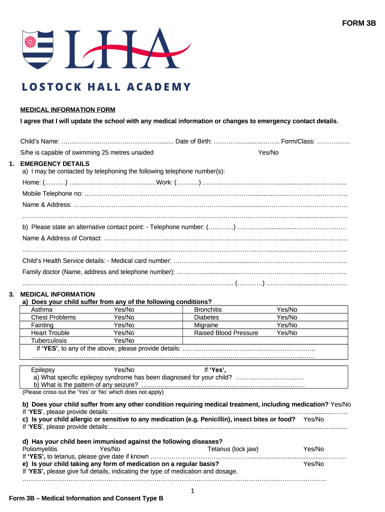 PARENTAL/CARER CONSENT AND MEDICAL INATION Doc Template | pdfFiller