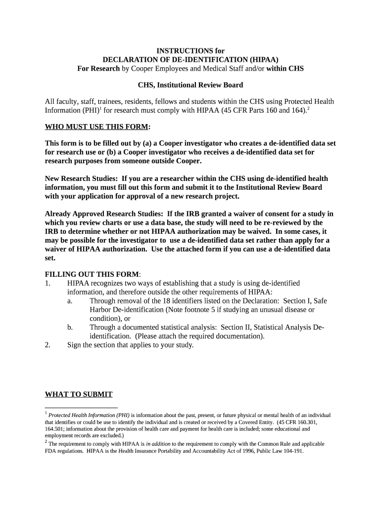DECLARATION OF DE-IDENTIFICATION (HIPAA) Doc Template | pdfFiller