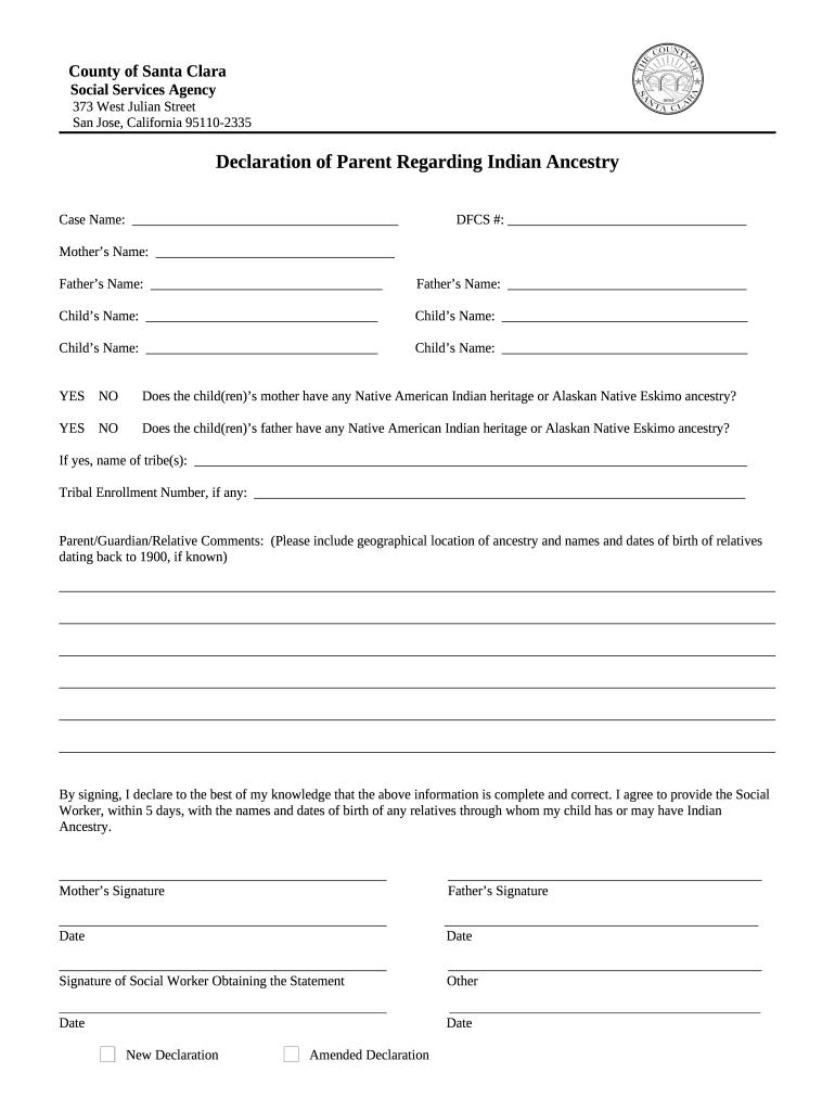 Declaration of Parent Regarding Indian Ancestry Doc Template | pdfFiller