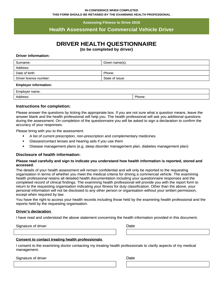 Part 1 ASSESSING FITNESS TO DRIVE Driver Health Questionnaire Doc ...