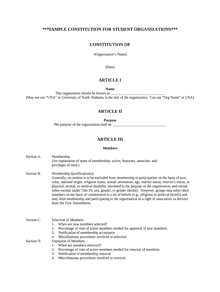 SAMPLE CONSTITUTION FOR STUDENT ORGANIZATIONS Doc Template | pdfFiller