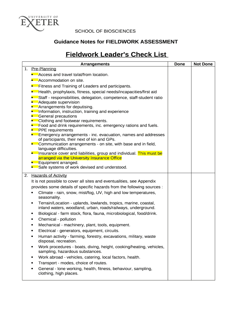 Guidance Notes for FIELDWORK ASSESSMENT Doc Template | pdfFiller