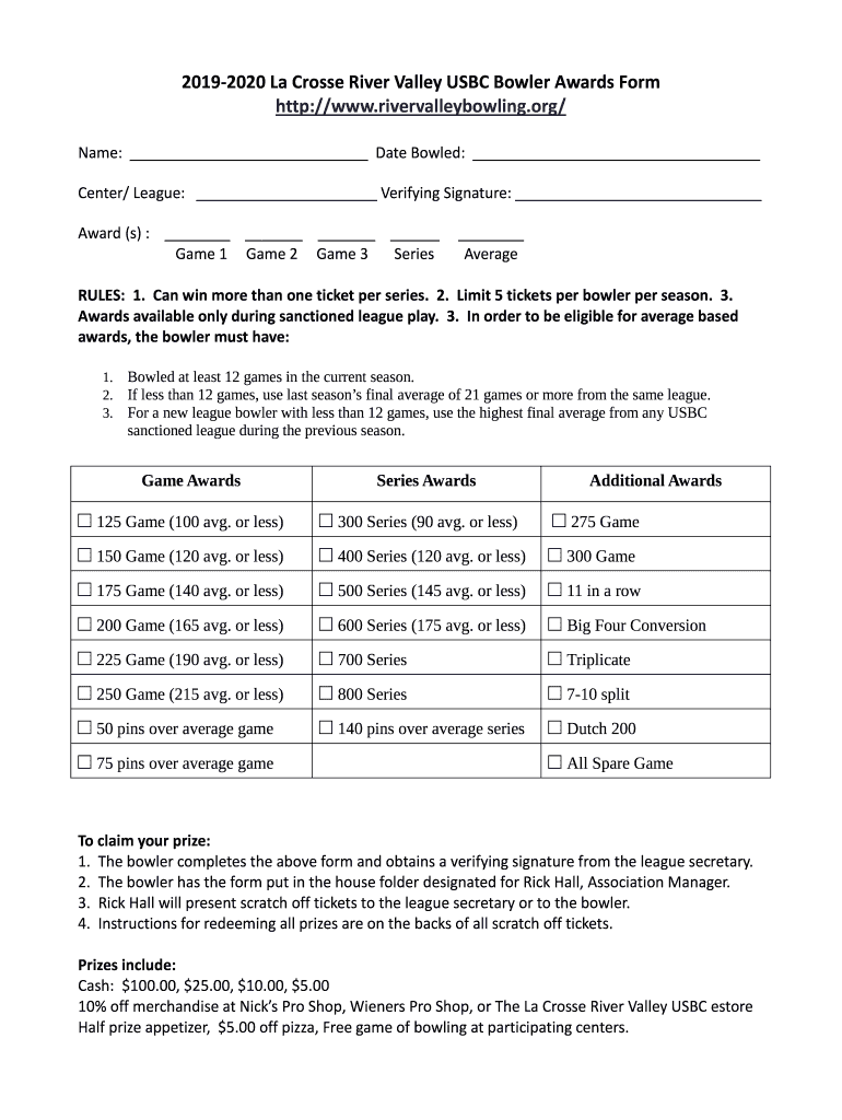 Fillable Online 2019-2020 La Crosse River Valley USBC Bowler Awards ...