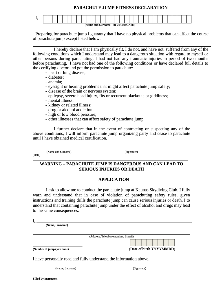 PARACHUTE JUMP FITNESS DECLARATION Doc Template | pdfFiller