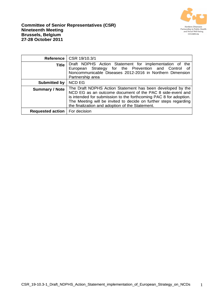 Draft NDPHS Action Statement for implementation of the European Strategy for the Prevention and ...