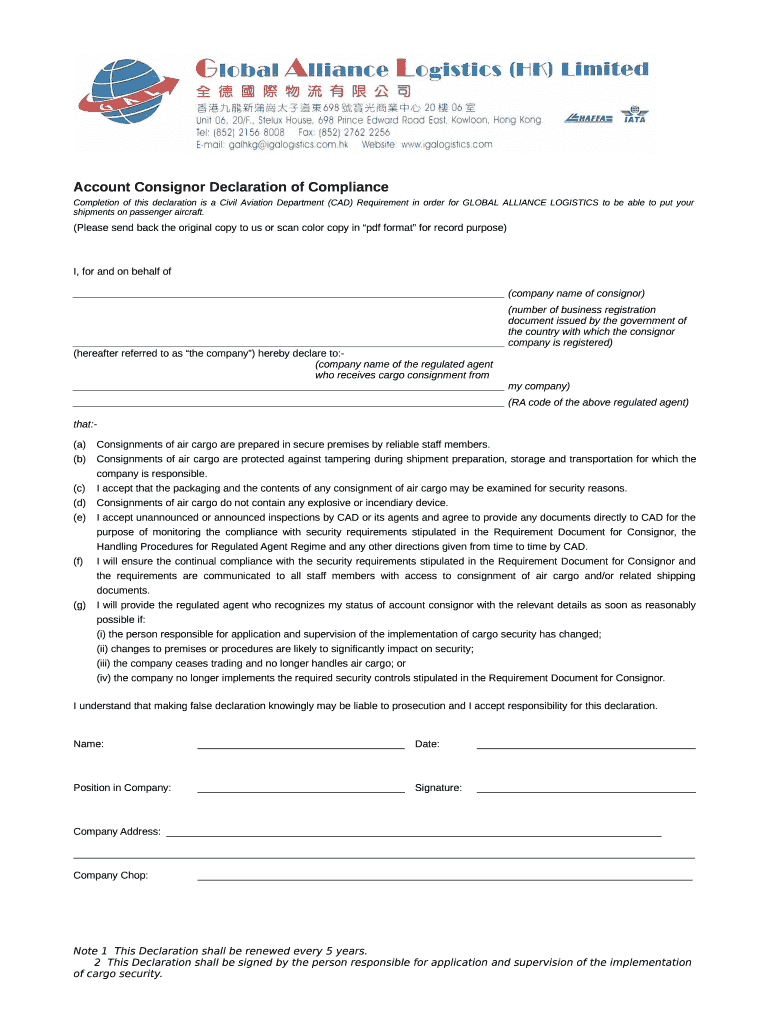 Account Consignor Declaration of Compliance Doc Template | pdfFiller