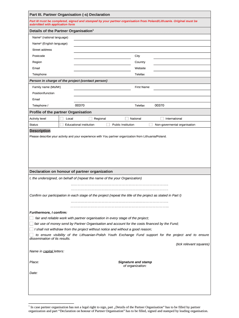 Partner Organisation (-s) Declaration Doc Template | pdfFiller