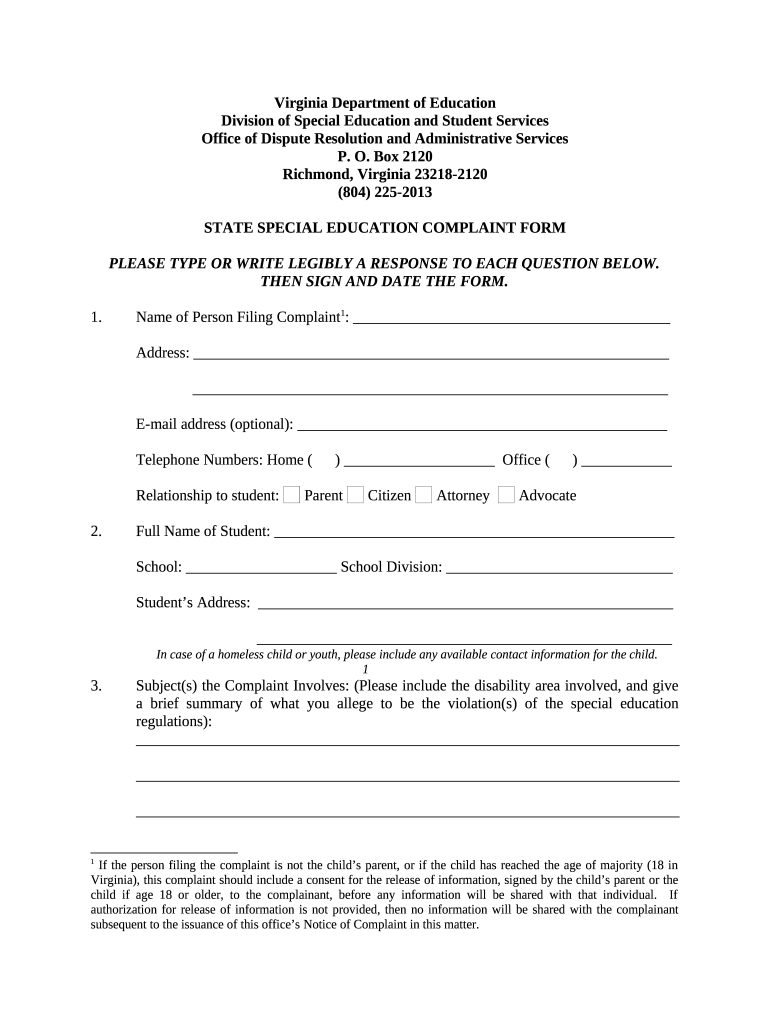 STATE SPECIAL EDUCATION COMPLAINT Doc Template PdfFiller state-special-education-complaint-doc-template-pdffiller