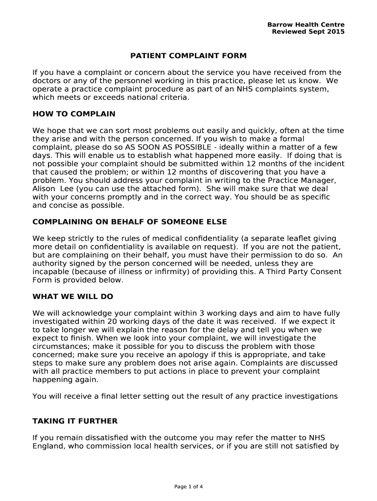 PATIENT COMPLAINT If you have a complaint or ... Doc Template | pdfFiller