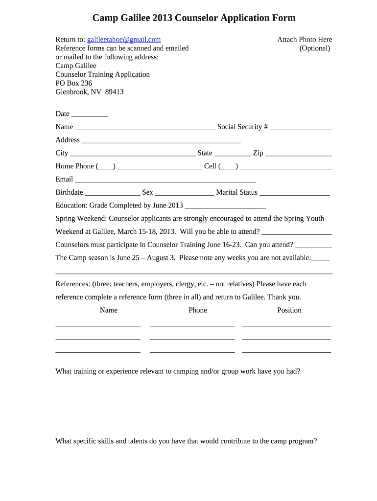Camp Galilee Junior Counselor Application Doc Template | pdfFiller