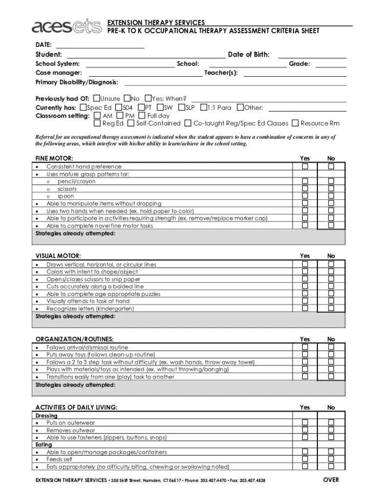 2022-2025 Form ACES Pre-K to K Occupational Therapy Assessment Criteria ...