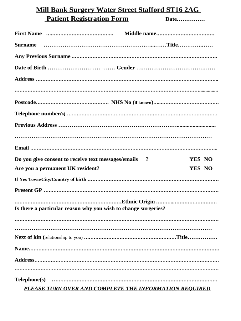 APPLICATION FOR ADDMISION TO THE PRACTICE LIST AT MILL BANK SURGERY Doc ...