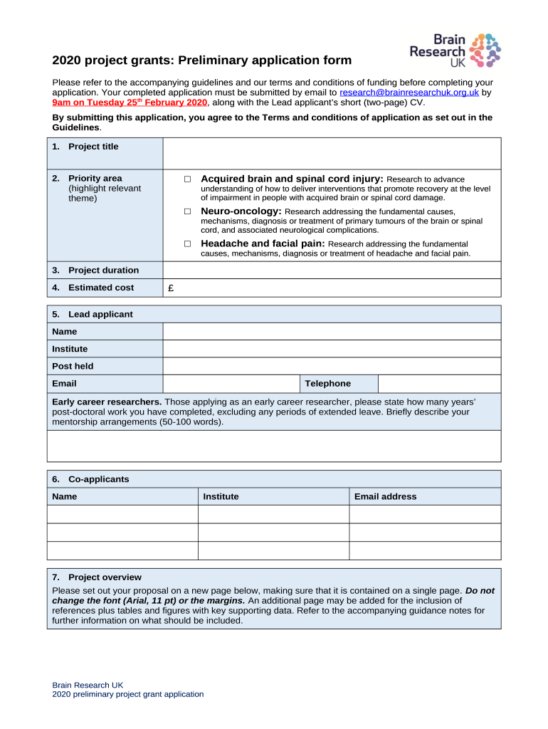 2020 project grants: Preliminary application Doc Template | pdfFiller