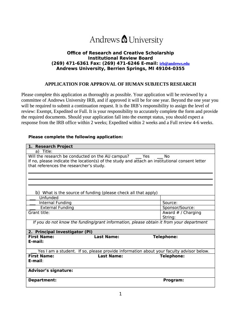 IRB Application Process - Andrews University Doc Template | pdfFiller