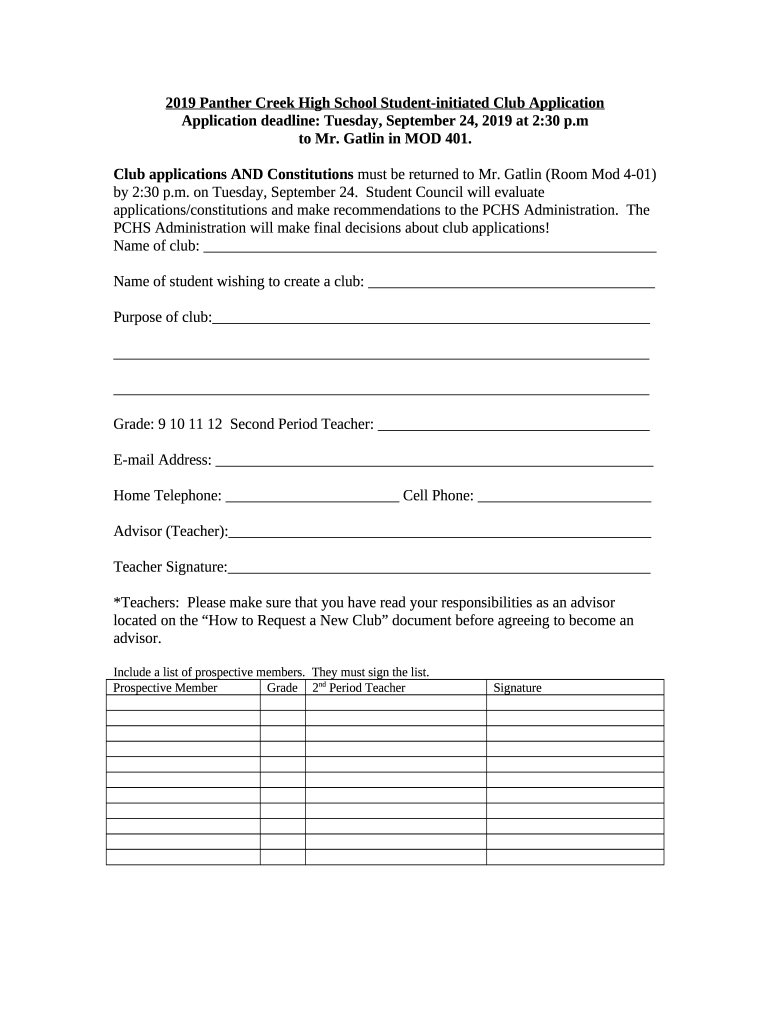 Panther Creek High School Club Application Doc Template | pdfFiller