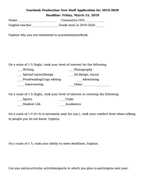 Yearbook Production New Staff Application for 2019-2020 Doc Template ...