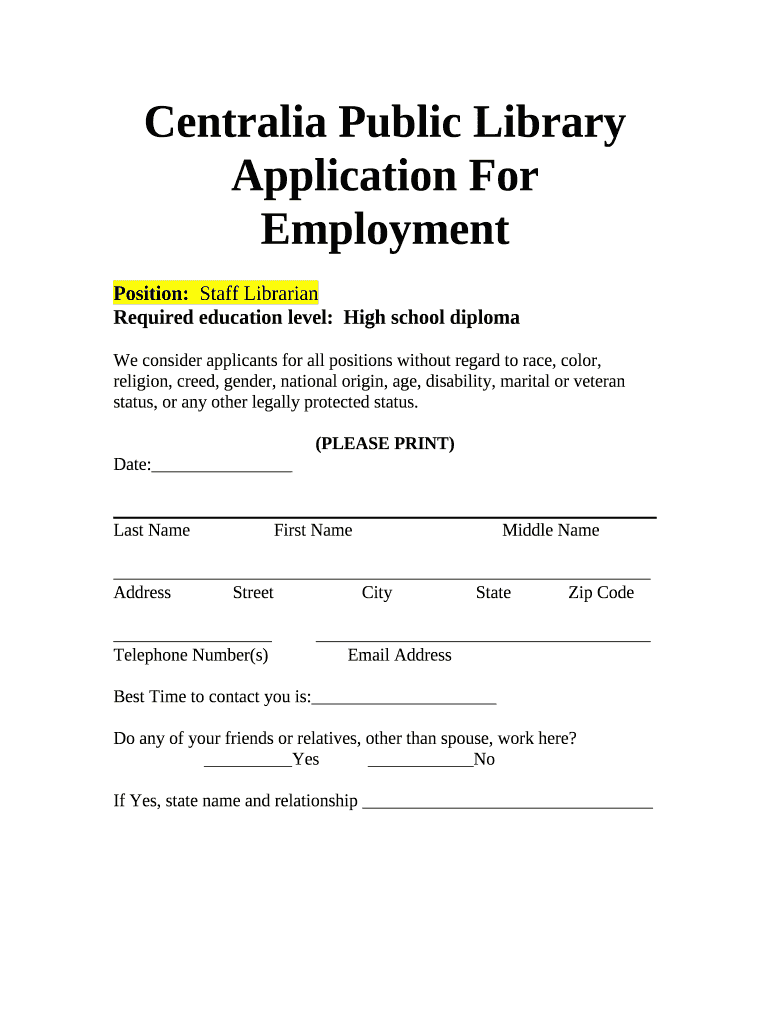 Application For Employment-Staff Librarian - Centralia Public ... Doc ...