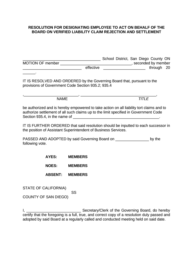 RESOLUTION FOR DESIGNATING EMPLOYEE TO ACT ON BEHALF OF THE BOARD ON ...