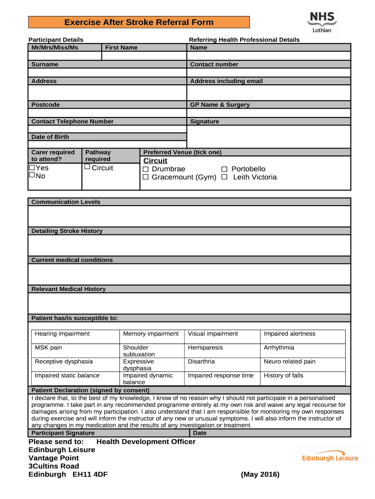 Exercise After Stroke Referral Doc Template | pdfFiller