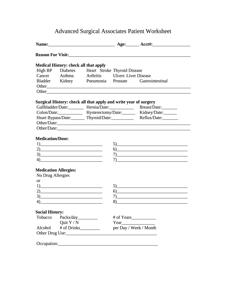 Advanced Surgical Associates Patient Worksheet Doc Template | pdfFiller