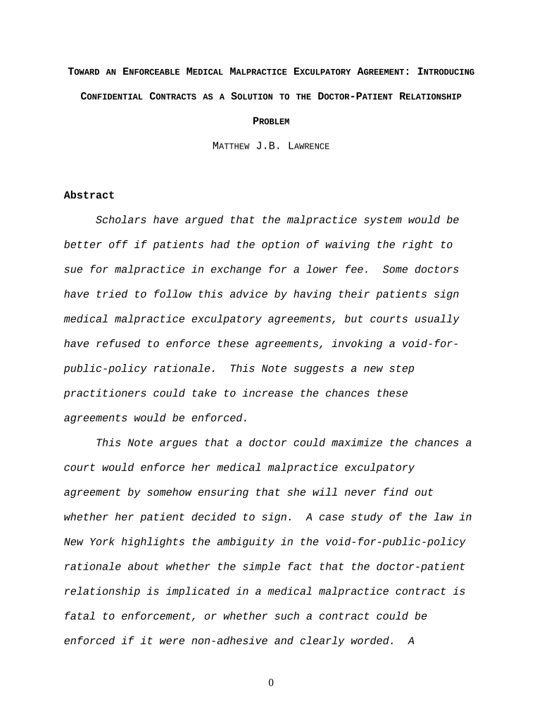 Toward an Enforceable Medical Malpractice Exculpatory Agreement ...