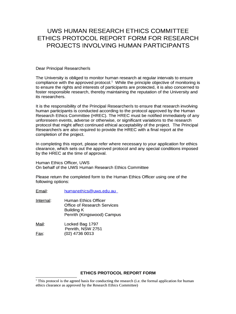 UWS HUMAN RESEARCH ETHICS COMMITTEE ETHICS PROTOCOL REPORT FOR RESEARCH ...