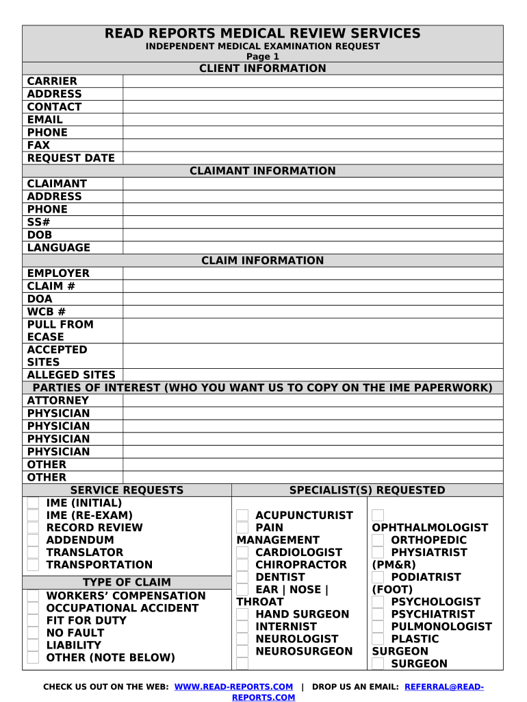 INDEPENDENT MEDICAL EXAMINATION REQUEST - read-reports.com Doc Template | pdfFiller