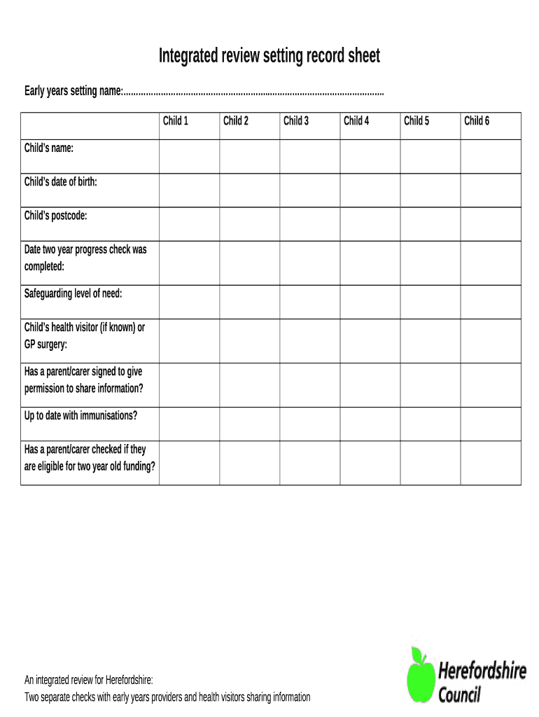 Integrated review setting record sheet Doc Template | pdfFiller