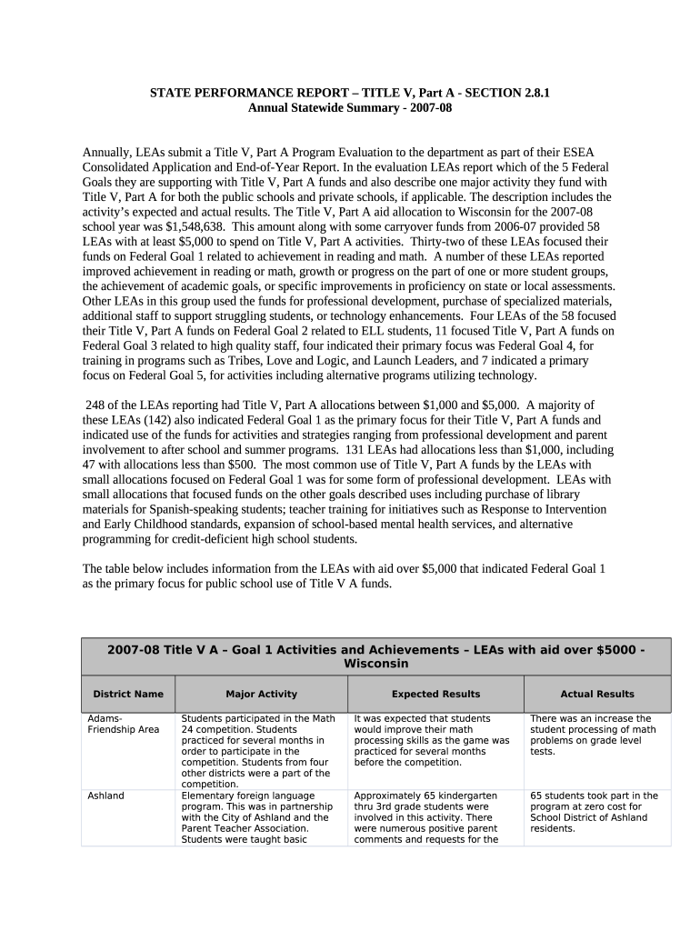 STATE PERANCE REPORT TITLE V, Part A - SECTION 2 Doc Template | pdfFiller