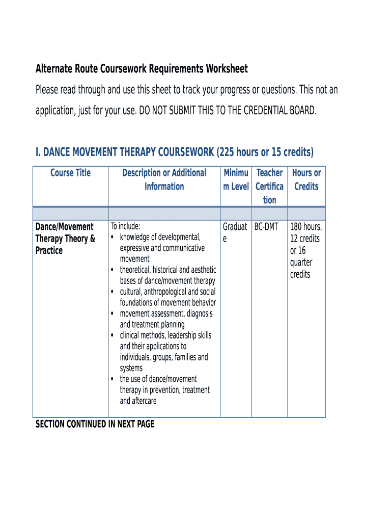 Alternate Route Coursework Requirements Worksheet Doc Template | pdfFiller