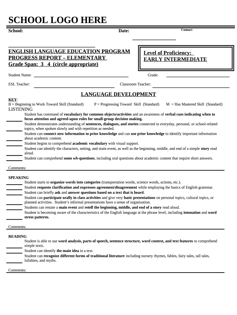 PROGRESS REPORT ELEMENTARY/MIDDLE Doc TemplatePDFfiller Doc Template ...