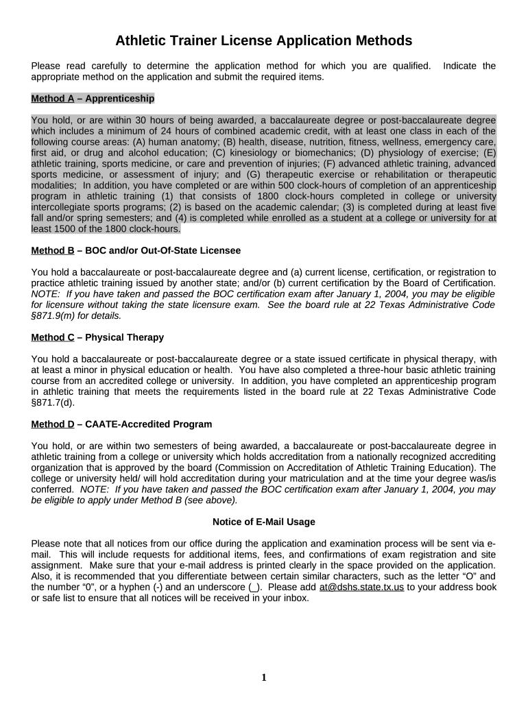Online dshs state tx Athletic Trainer License Application ... Doc Template | pdfFiller
