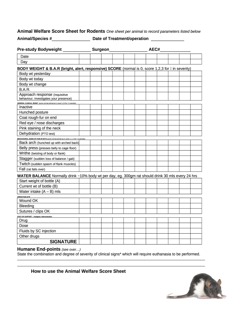 Animal Welfare Score Sheet for Rodents One sheet per ... Doc Template ...