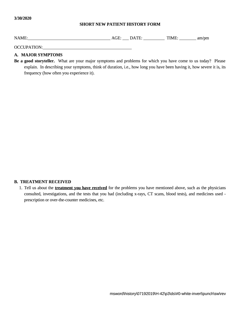 SHORT NEW PATIENT HISTORY Doc Template | pdfFiller