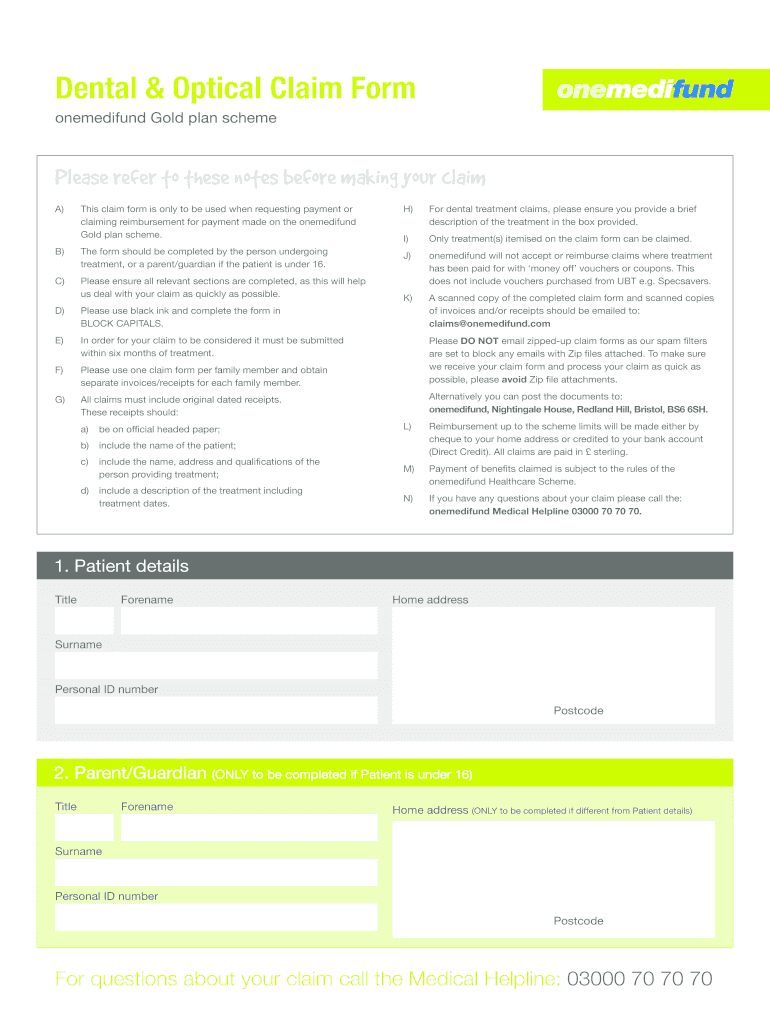 Fillable Online Fillable Online Dental & Optical Claim Form Fax Email ...