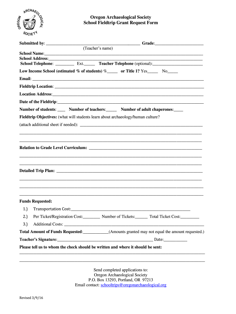 Fillable Online Oregon Archaeological Society School Fieldtrip Grant Request Form Fax Email ...