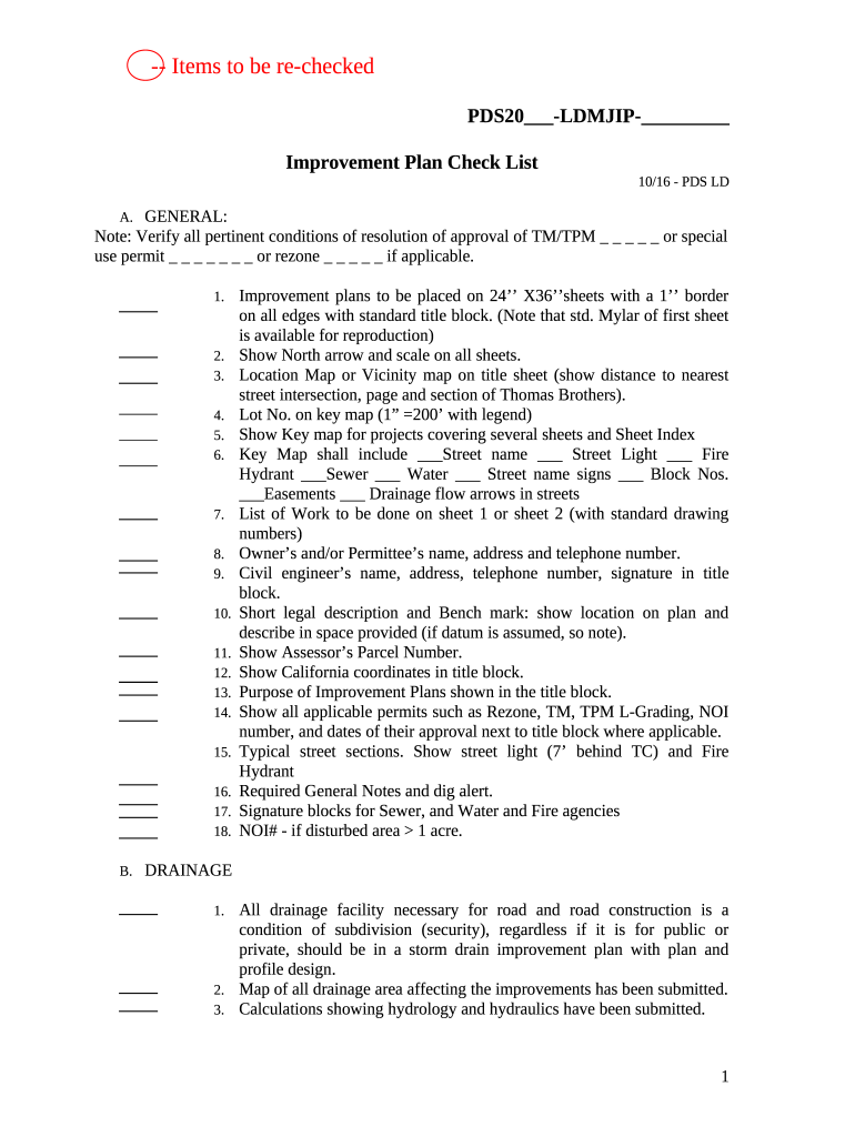 Improvement Plan Check List Doc Template | pdfFiller
