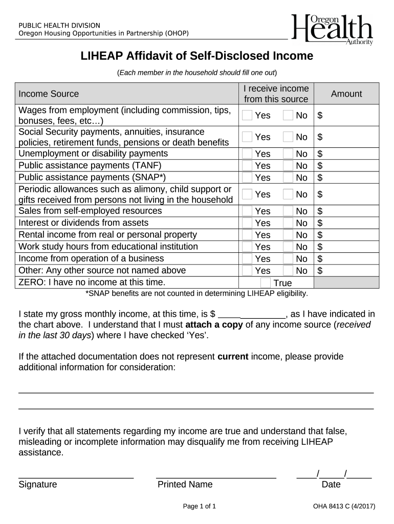 LIHEAP Affidavit of Self-Disclosed Income Doc Template | pdfFiller
