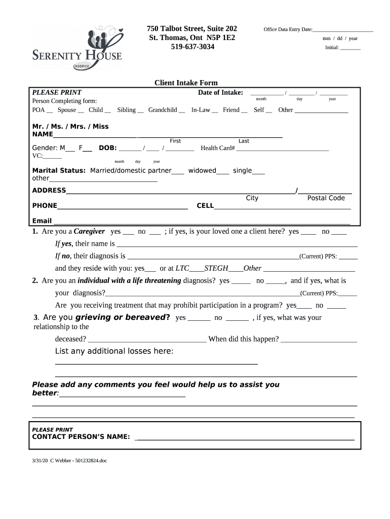 Serenity House Hospice Resource Center Participant Intake Doc Template ...