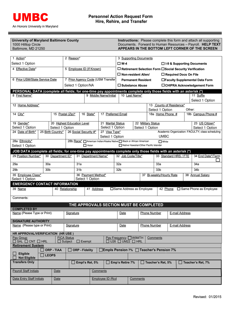 Fillable Online Exempt New Hire Checklist UMBC Personnel Action Request ... Fax Email Print ...