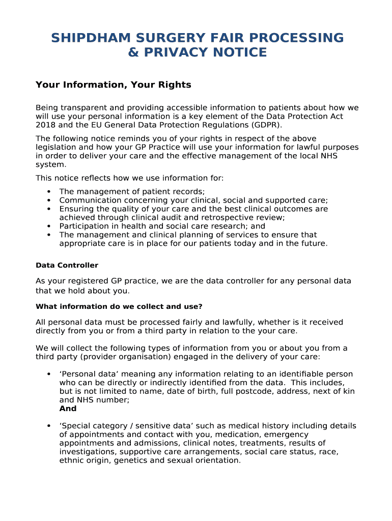 SHIPDHAM SURGERY FAIR PROCESSING Doc Template | pdfFiller