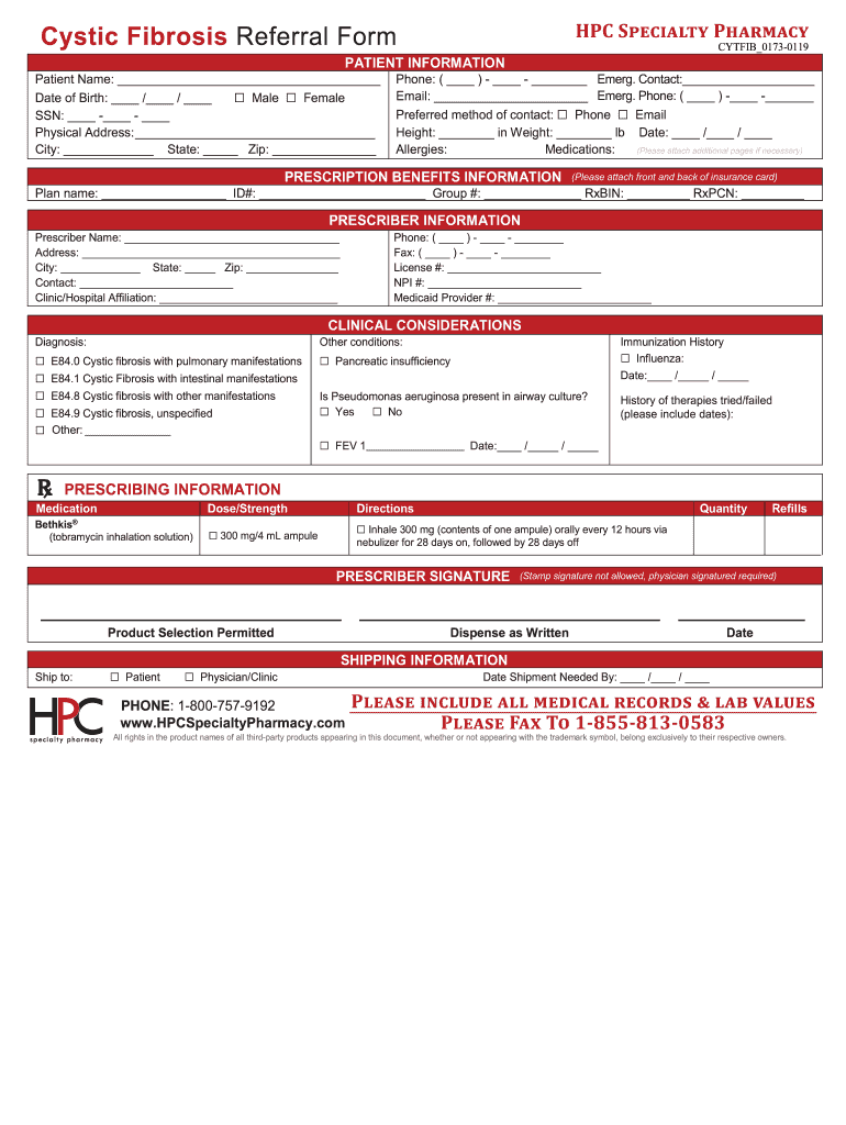 Fillable Online Cystic Fibrosis Referral Form - HPC Specialty Pharmacy ...