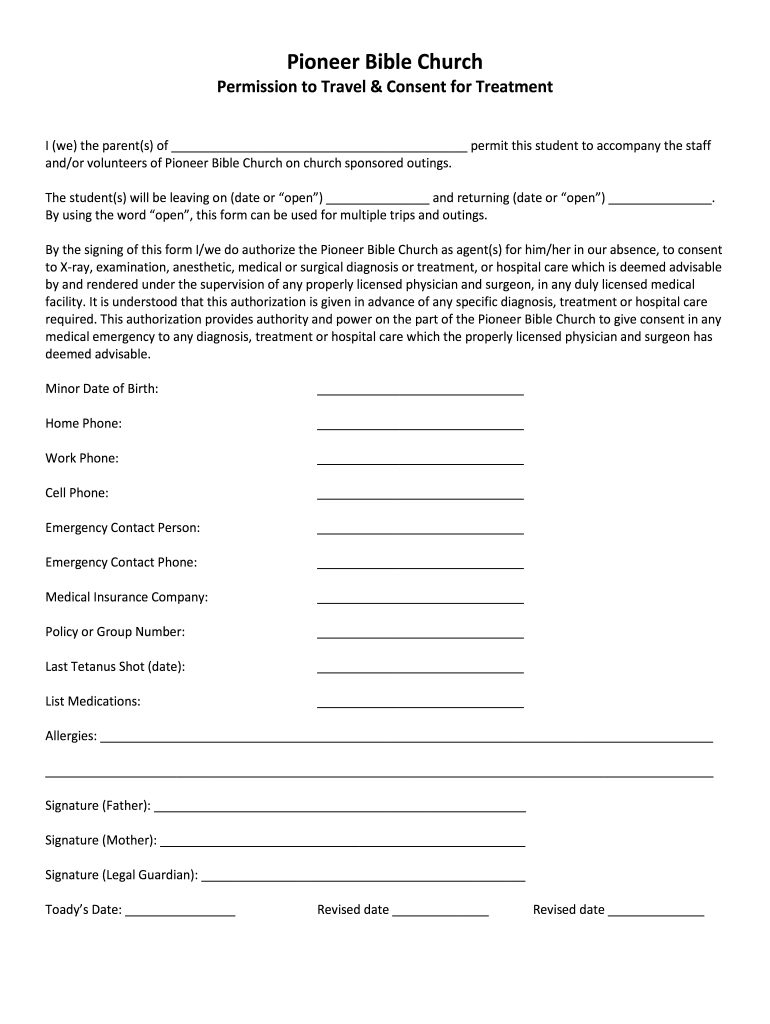 Fillable Online CHURCH Parent Consent Form for Group Activity and ...