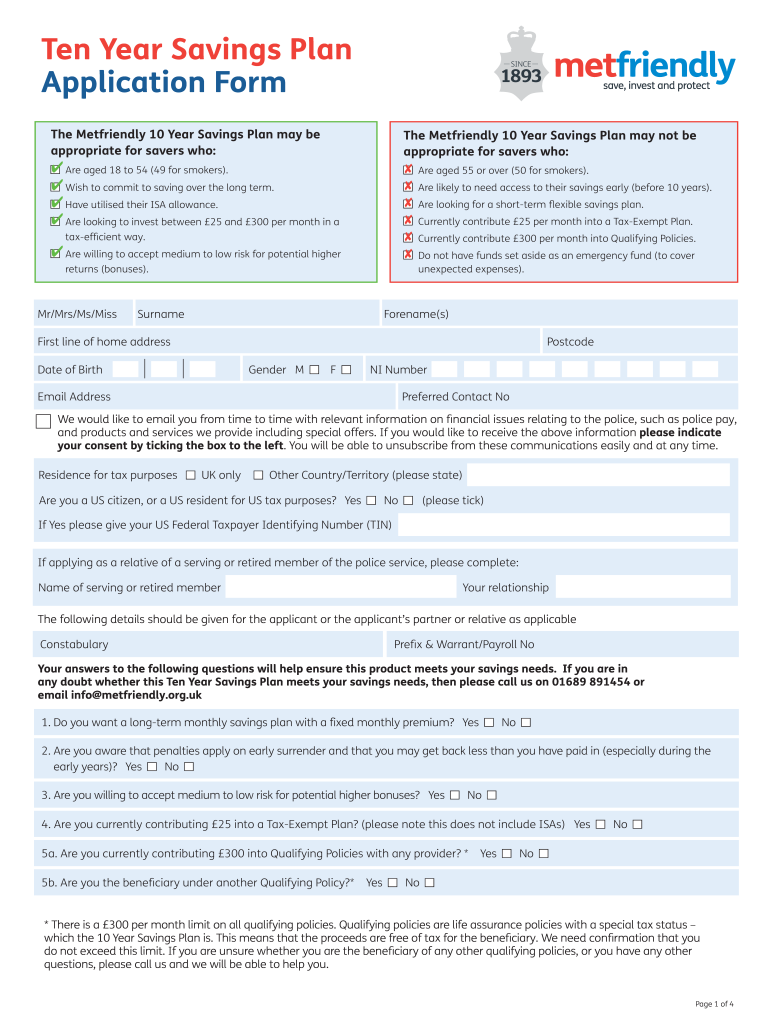 Fillable Online Ten Year Savings Plan Application Form Fax Email Print ...