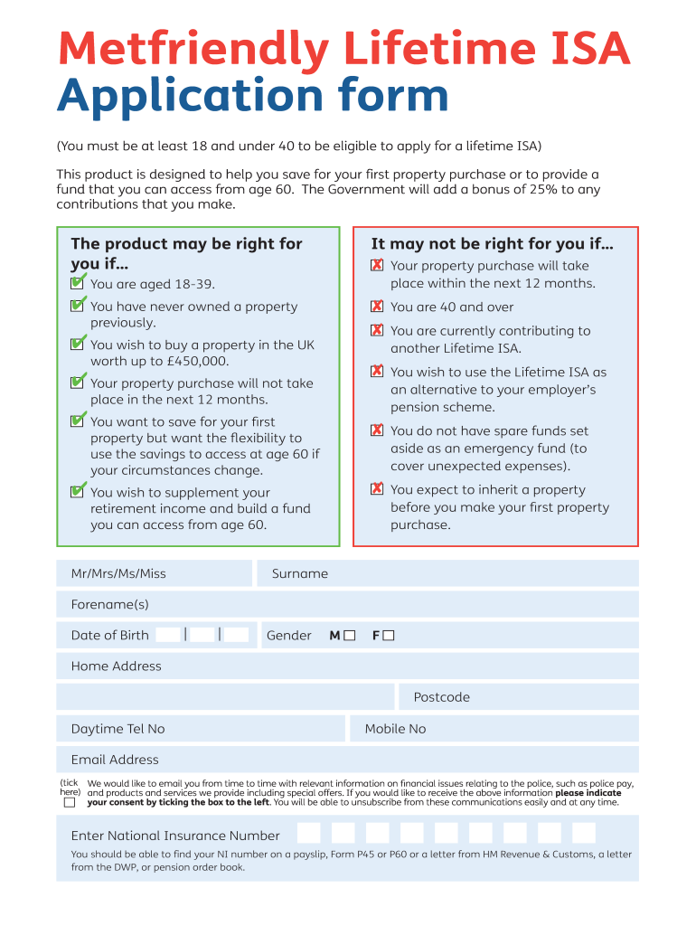Fillable Online Metfriendly Lifetime ISA Application form Fax Email ...