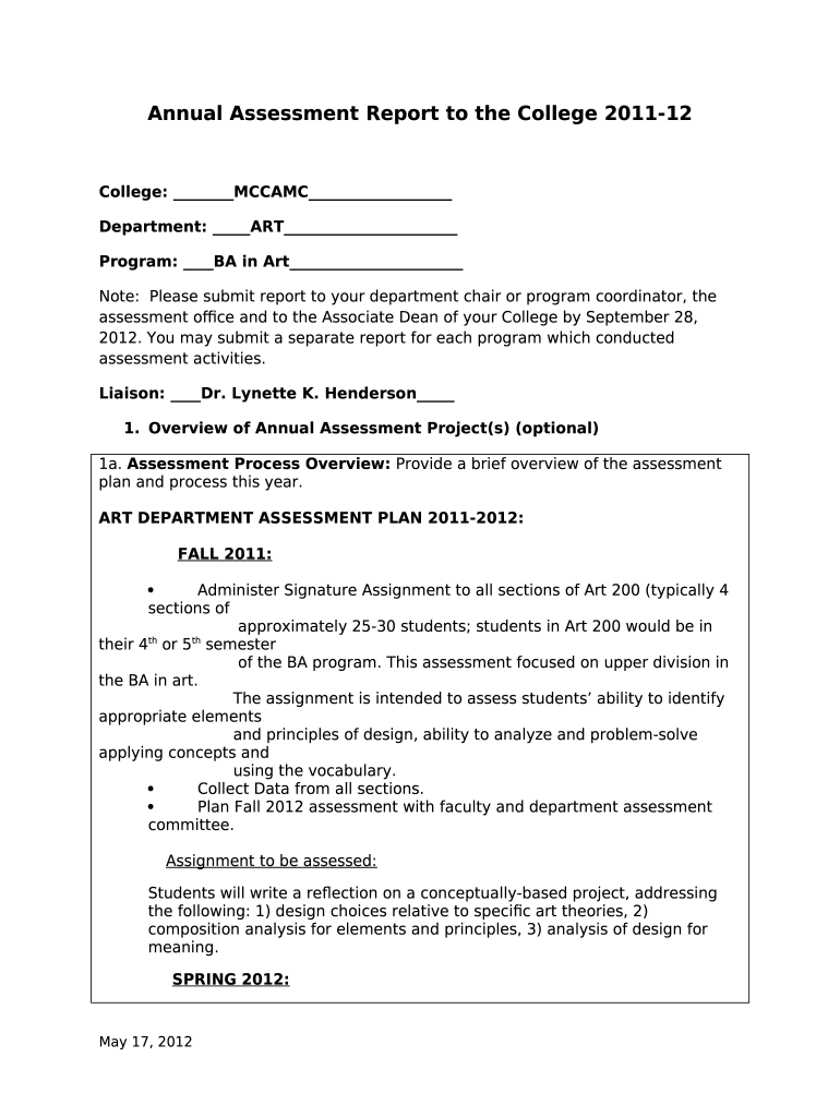 Online Annual Assessment Report to the College ... Doc Template | pdfFiller